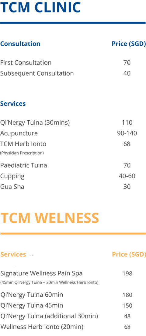 Pricing - Singapore Paincare TCM Wellness
